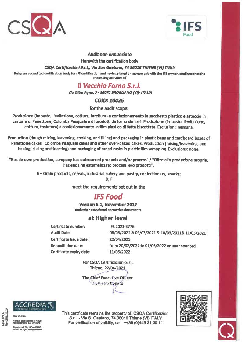 Quality certifications - Il Vecchio Forno